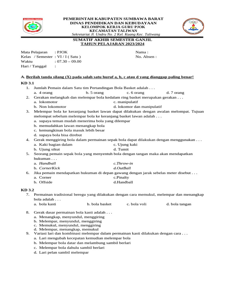 Soal Pas Ganjil Kelas Vi 2024 | PDF | Olahraga & Rekreasi
