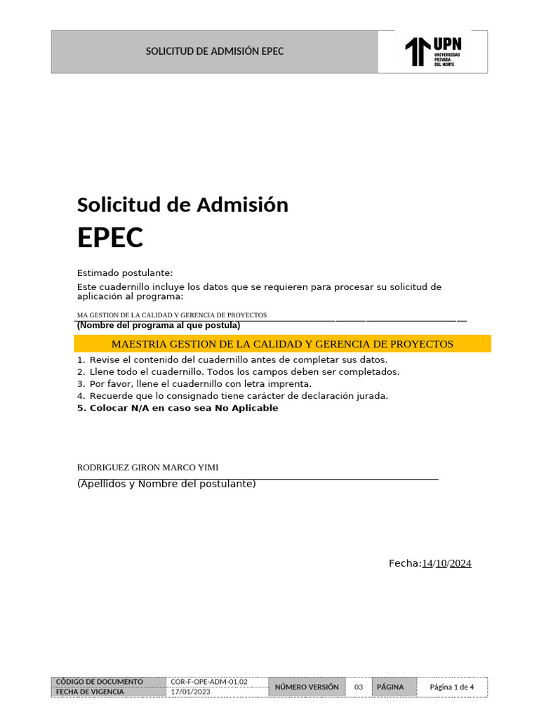 Solicitud Maestría en Calidad y Proyectos | PDF | Business