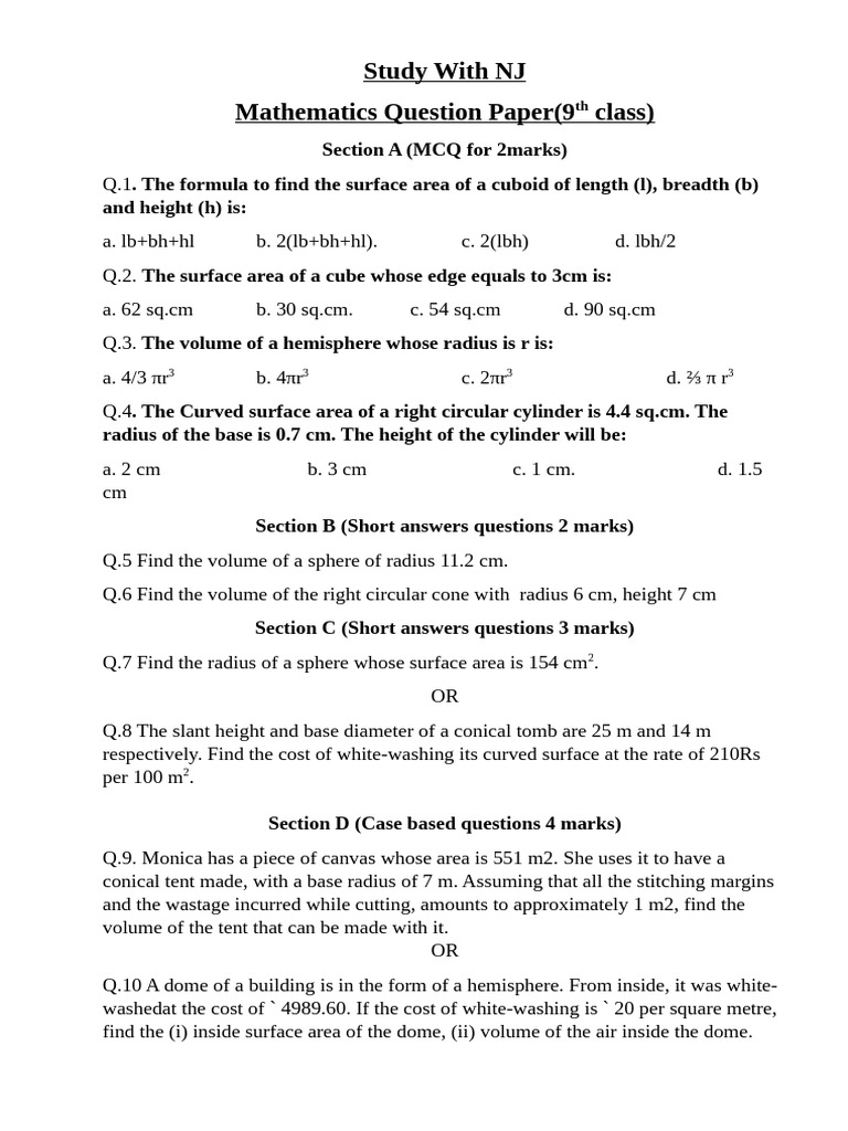9th surface area | PDF | Area | Sphere