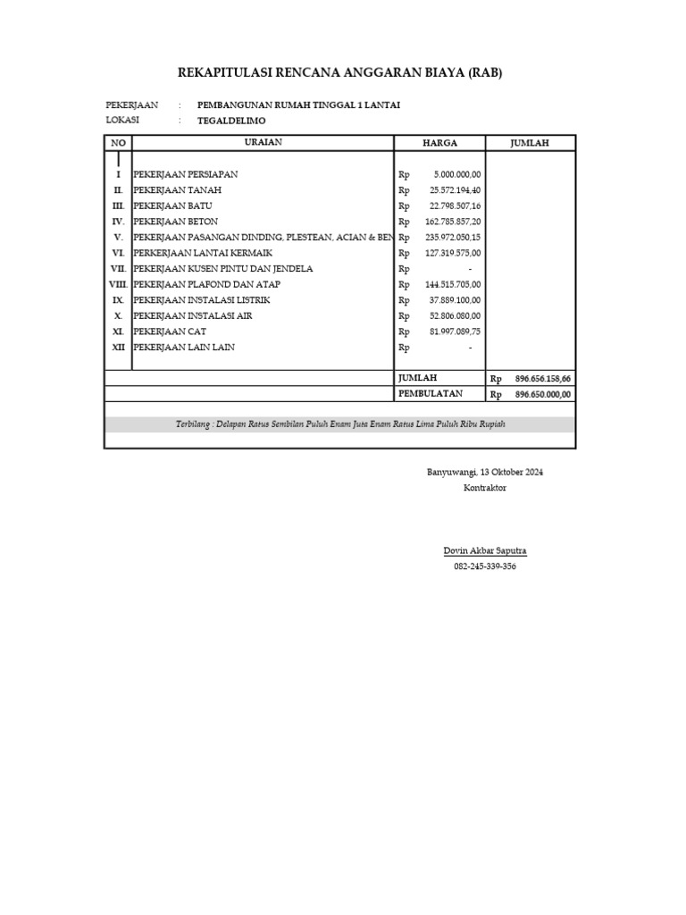 RAB Pembangunan Rumah 1 Lantai Tegaldelimo | PDF