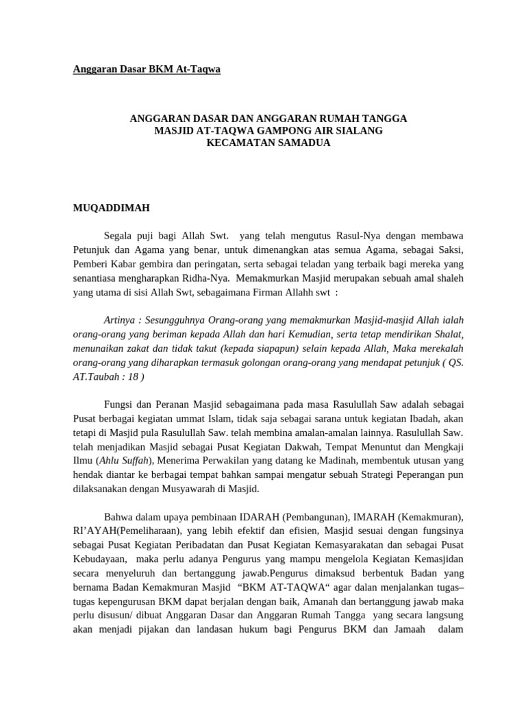 Anggaran Dasar BKM Baitul Aminin REVISI | PDF