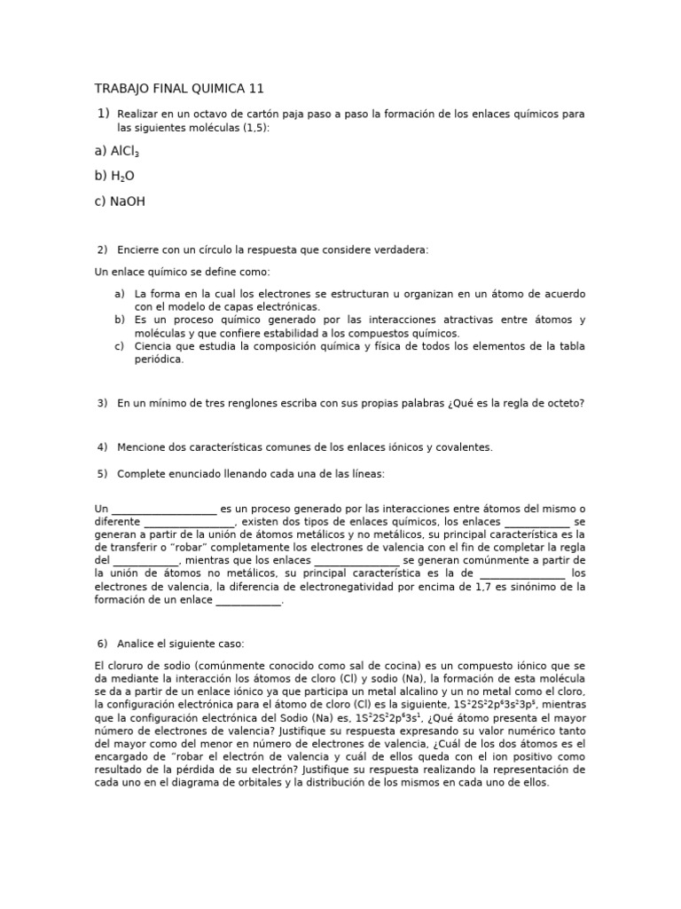 Evaluación Final Química 11 | PDF | Enlace químico | Valencia (Química)