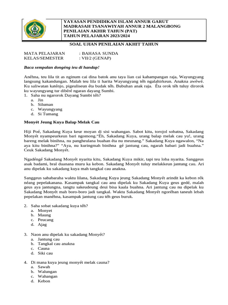 Soal Pat Bahasa Sunda Kelas 7 | PDF