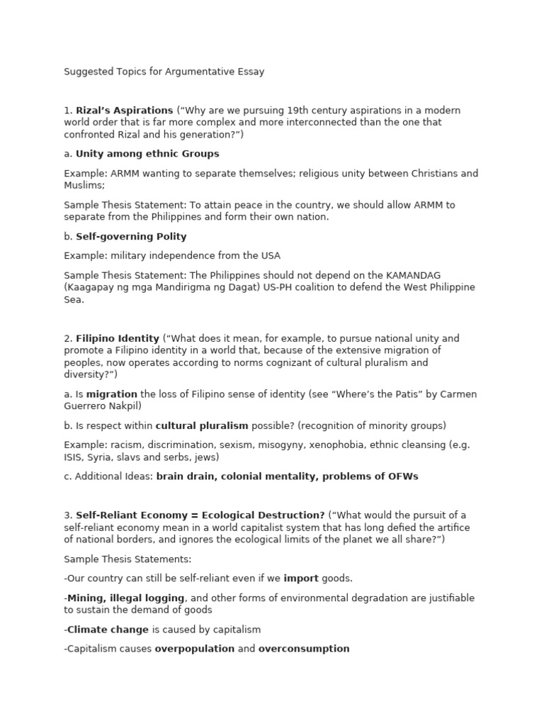 Argumentative Essay Topics on Social Issues | PDF | Philippines ...