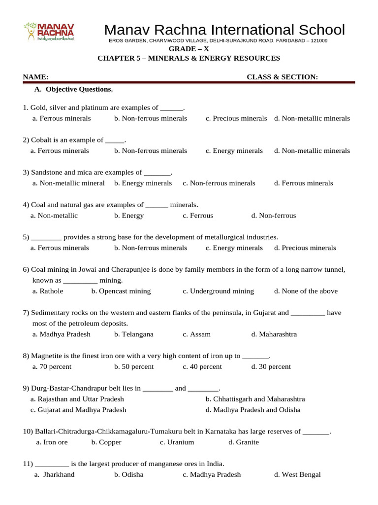 Chapter 5 - Minerals & Energy Resources - WKS 1 | PDF | Energy ...