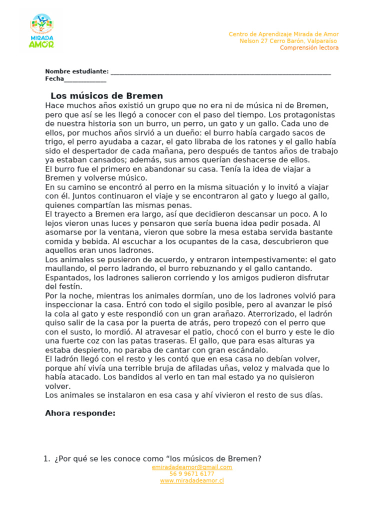 Comprensión Lectora: Los Músicos de Bremen | PDF | Gatos