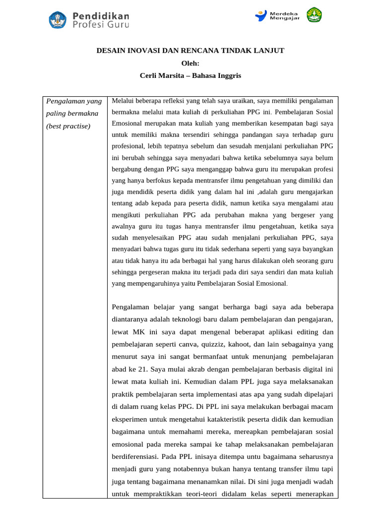 Desain Inovasi Dan Rencana Tindak Lanjut - Cerli Marsita | PDF