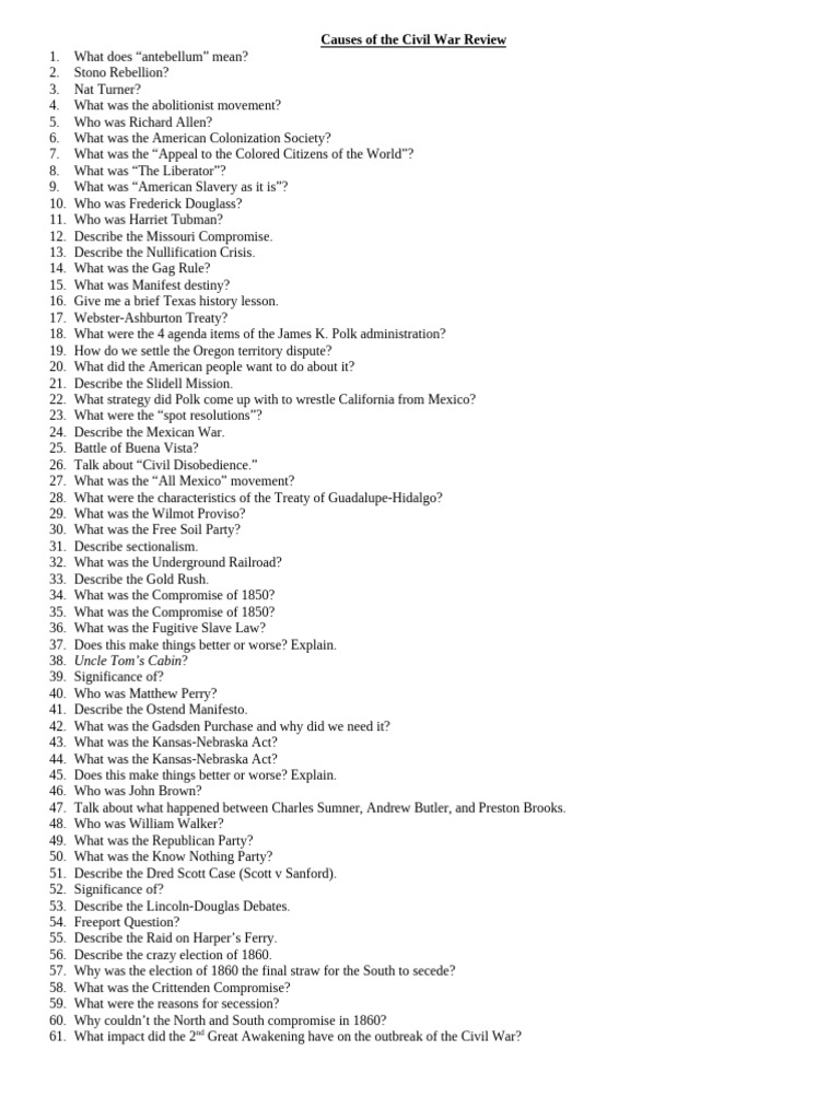 Ap - Causes of Civil War Review | PDF | Slavery | The United States