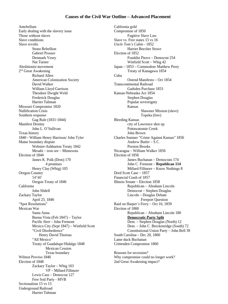 Ap - Causes of The Civil War Outline 2015 | PDF | Whig Party (United ...