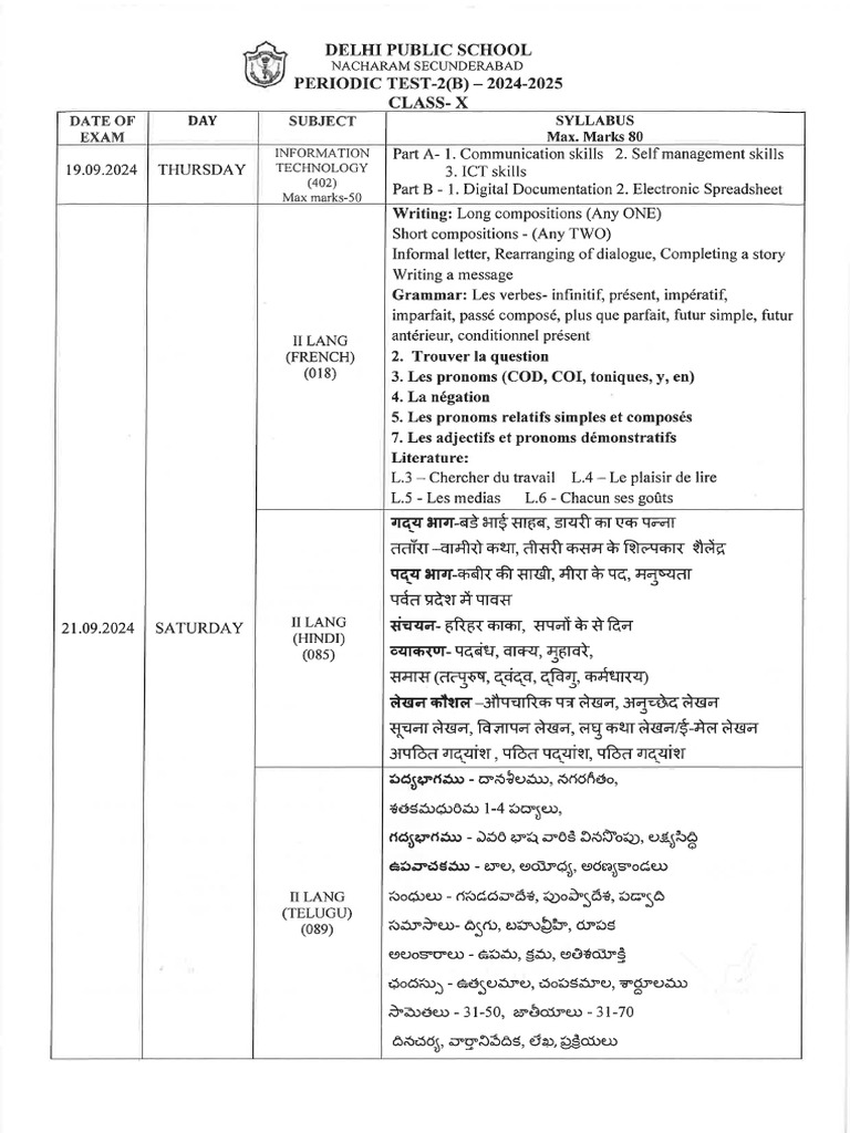 Class X PT2 (B) Syllabus Sheet Nacharam | PDF