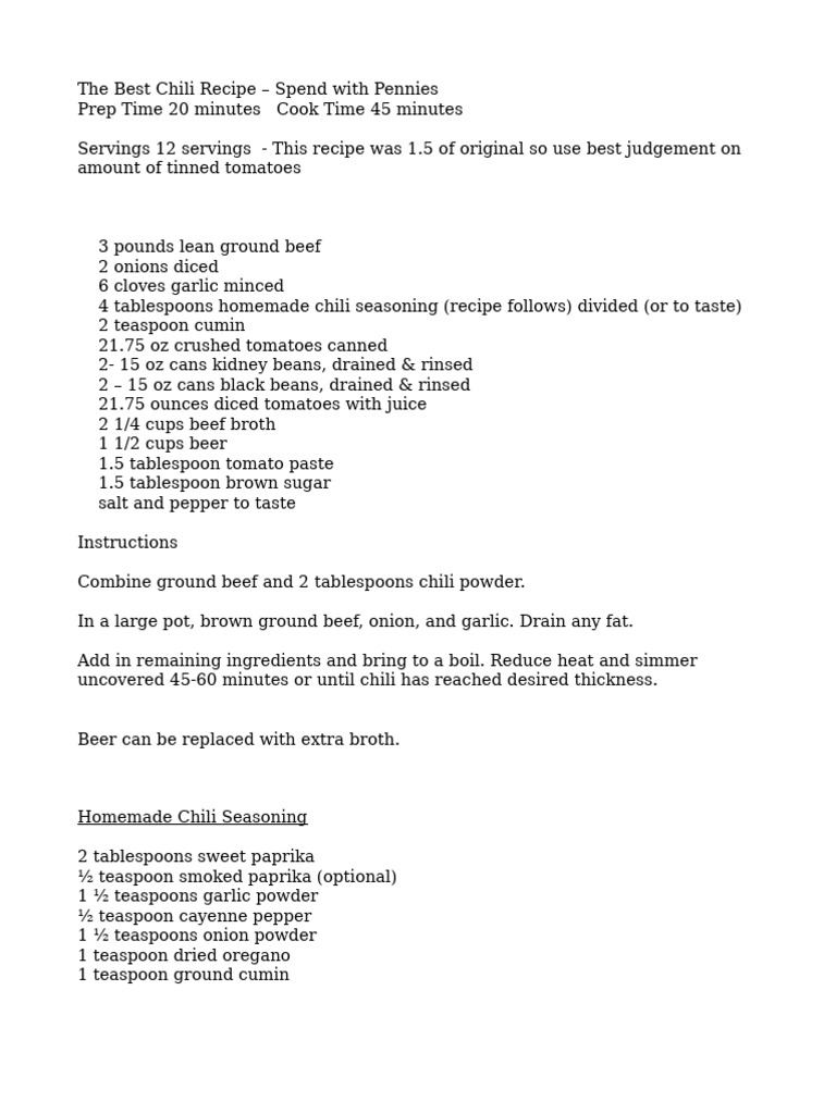 Classic Beef Chili Recipe | PDF