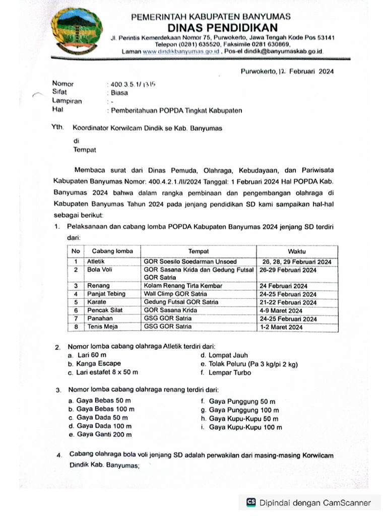 Surat Pemberitahuan POPDA Tingkat Kabupaten | PDF