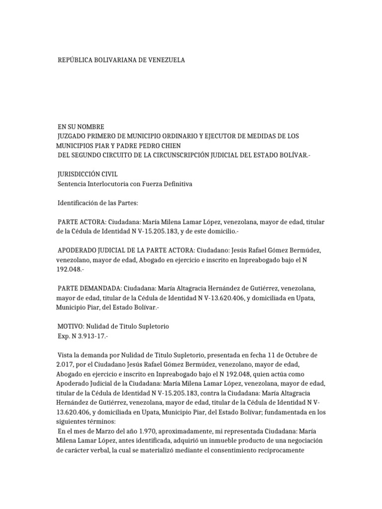 Tribunal Primero de Municipio Ordinario y Ejecutor de Medidas de Los ...
