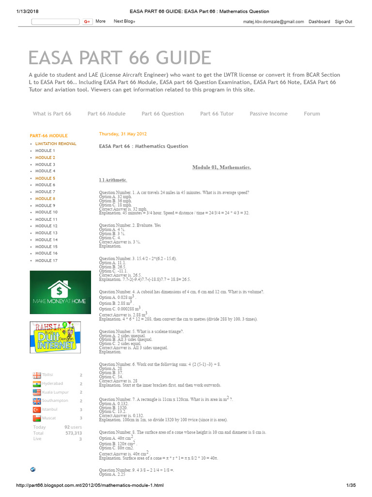 EASA Part 66 Mathematics Questions Guide | PDF | Area | Pi