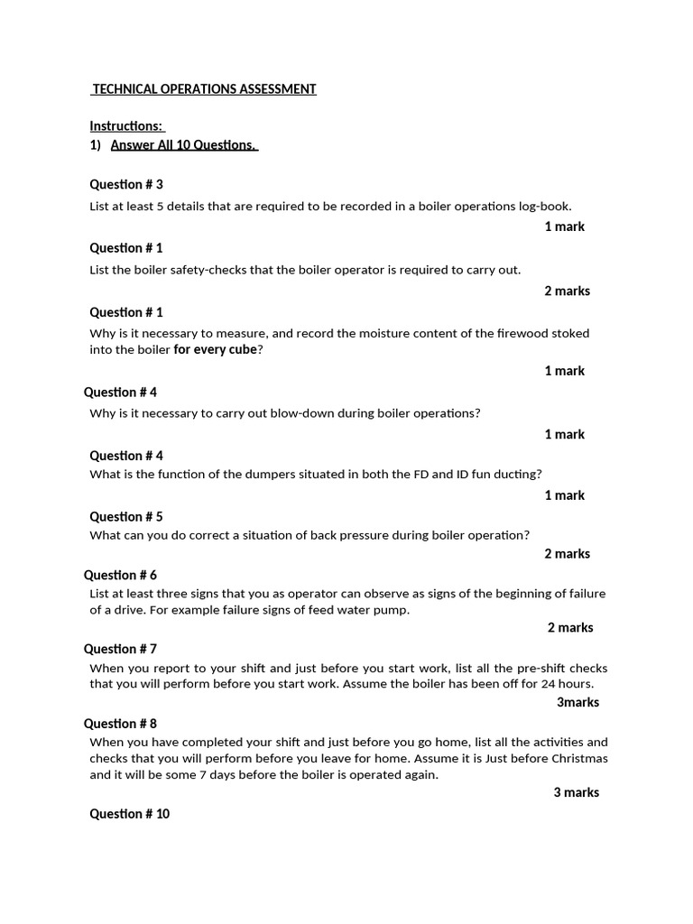 Boiler Operators Technical Assessmnet - Test | PDF