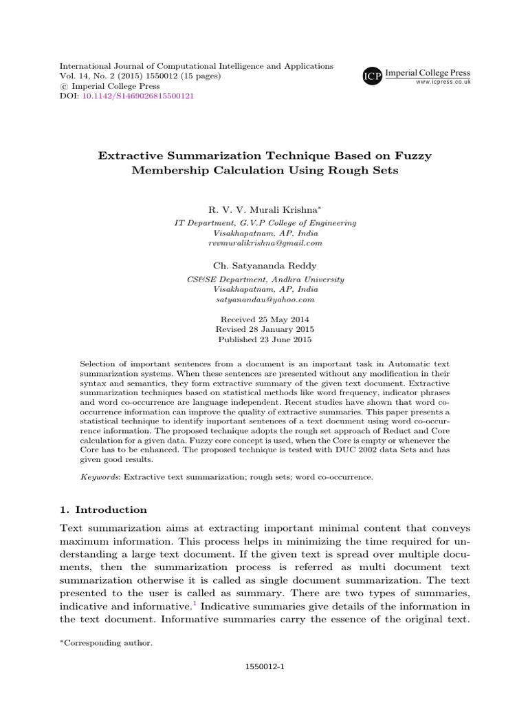 1 Extractive Text Summarization Technique Based Fuzzy Membership Calculation Using Roughsets ...