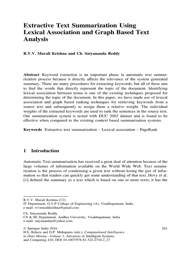 4 Extractive Text Summarization Using Lexical Association and Graph Based Lexical Association ...