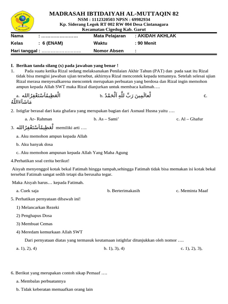 Soal PAS AKIDAH AKHLAK KELAS 6.semester 1 2024-2025 | PDF