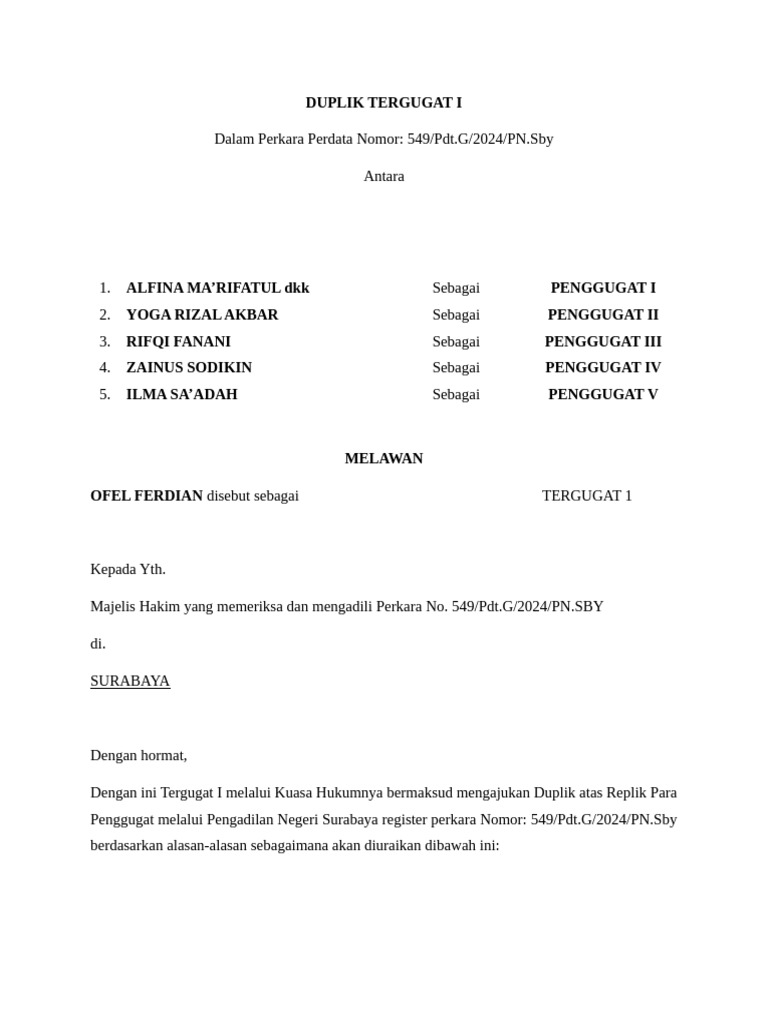 Duplik Tergugat Perdata | PDF