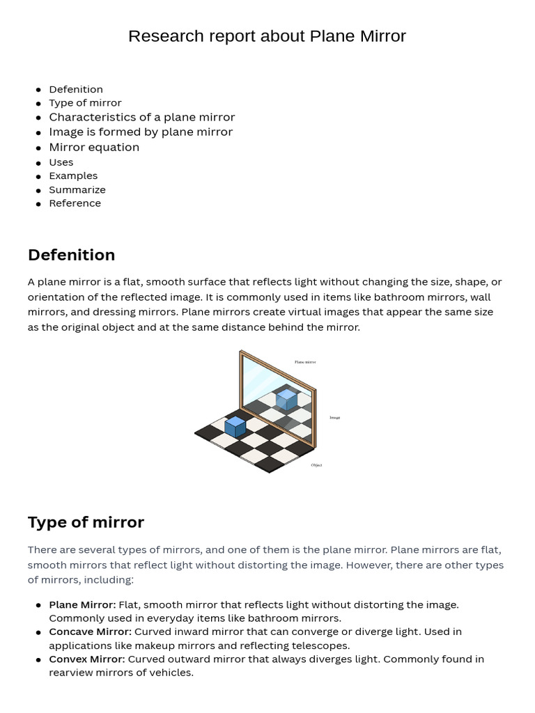 Understanding Plane Mirrors: Types & Uses | PDF | Mirror | Optics