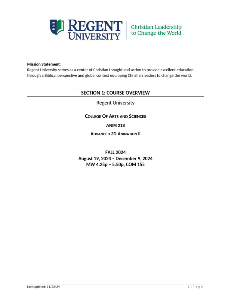 ANIM 218 Syllabus - FA24 - TILLETT | PDF | Faith