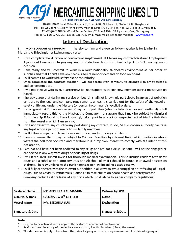 MSLL Letter of Declaration From Seafarer | PDF | Smuggling | Justice