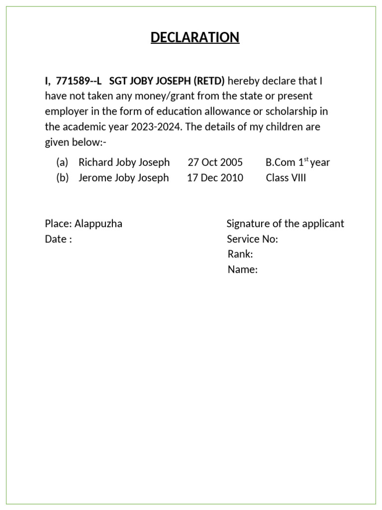 Declaration of No Education Grant | PDF