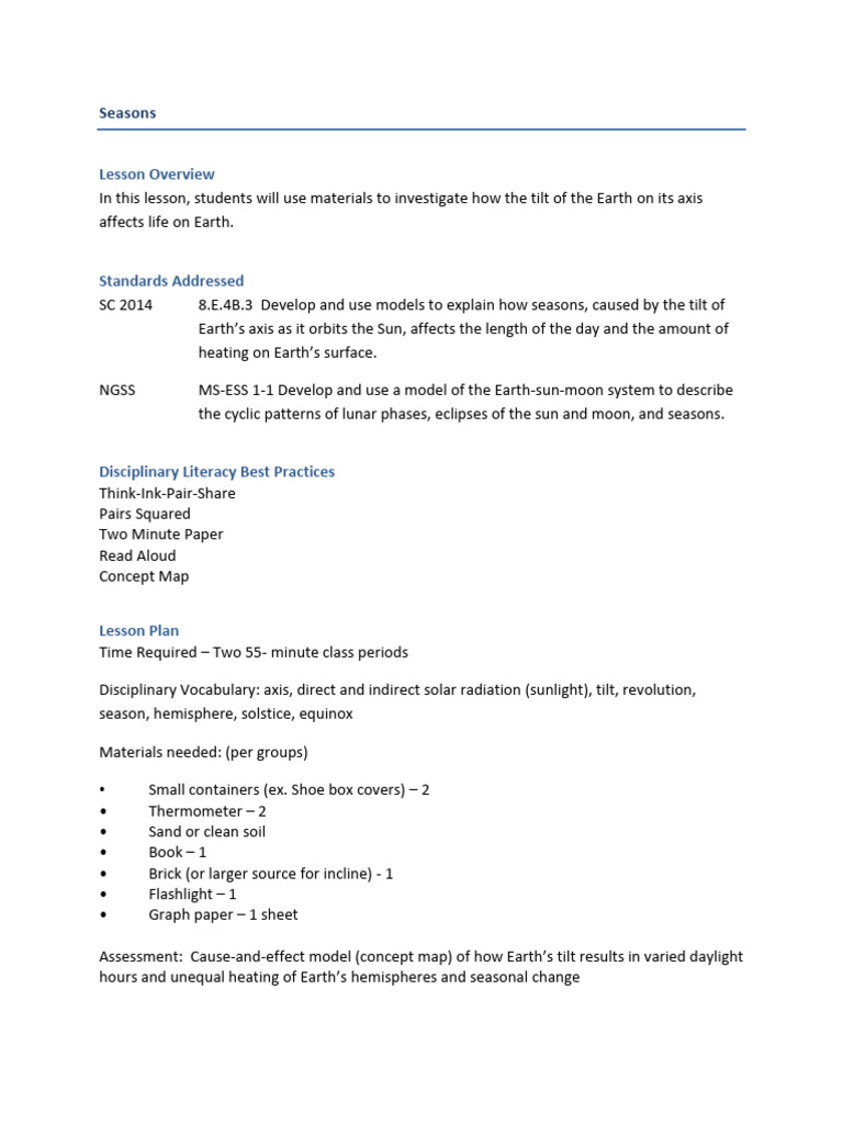 Season Lesson Plan Science Pdf Earth Sun
