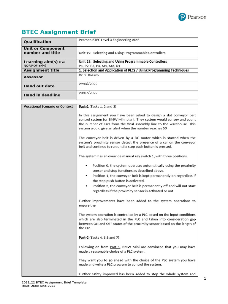 BTEC PLC Assignment 1 Unit 19 2021 22 BTEC Assignment Brief | PDF ...