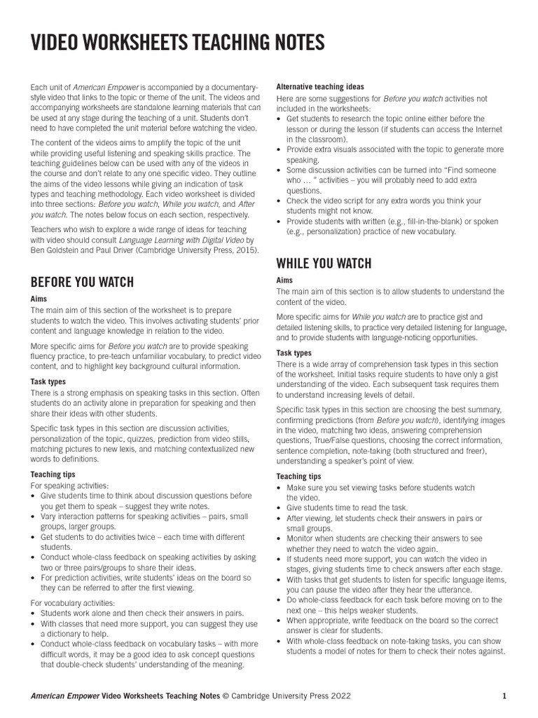 American Empower Starter Video Activty Sheet TeachingNotes | PDF ...