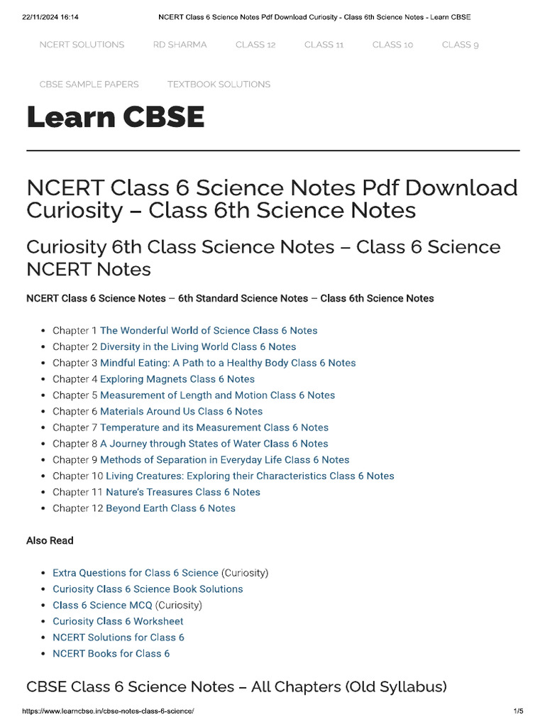 NCERT Class 6 Science Notes PDF Download Curiosity - Class 6th Science ...
