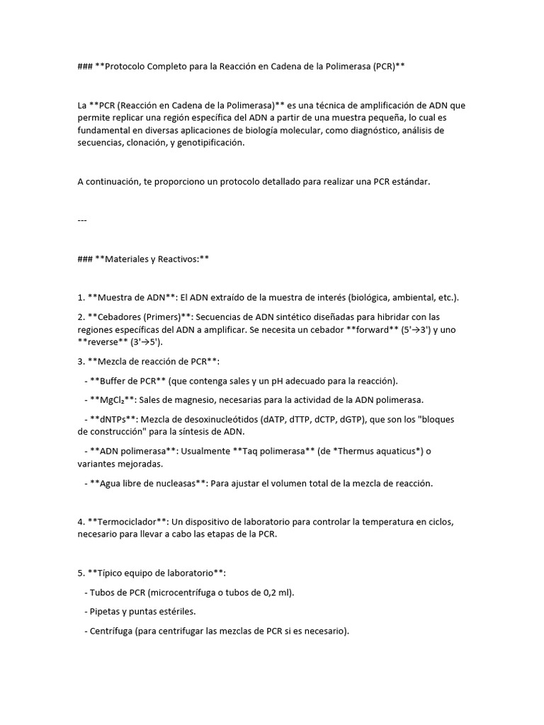 Protocolo Completo para La Reacción en Cadena de La Polimerasa | PDF | Reacción en cadena de la ...