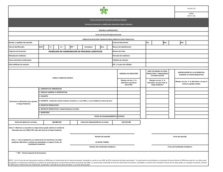 Gfpi F 165 Formato Ejemplo | PDF