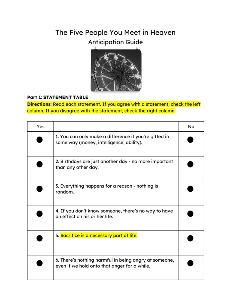 Anticipation Guide The Five People You Meet in Heaven - 19806673 | PDF ...