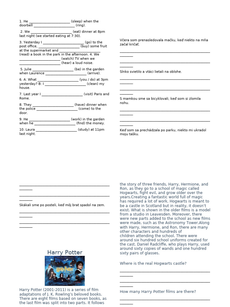 Past Tense Practice and Harry Potter Facts | PDF | Fantasy Novel Series ...