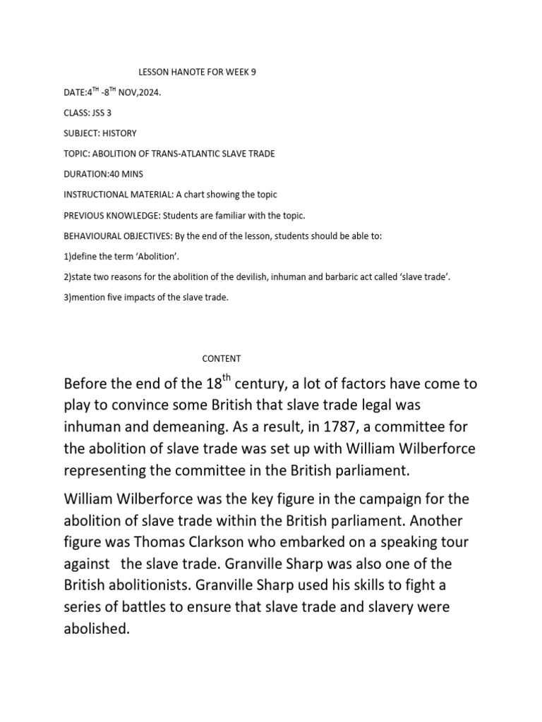 JSS3 Lesson Note For History Week 9 | PDF | Slavery | History Of Slavery