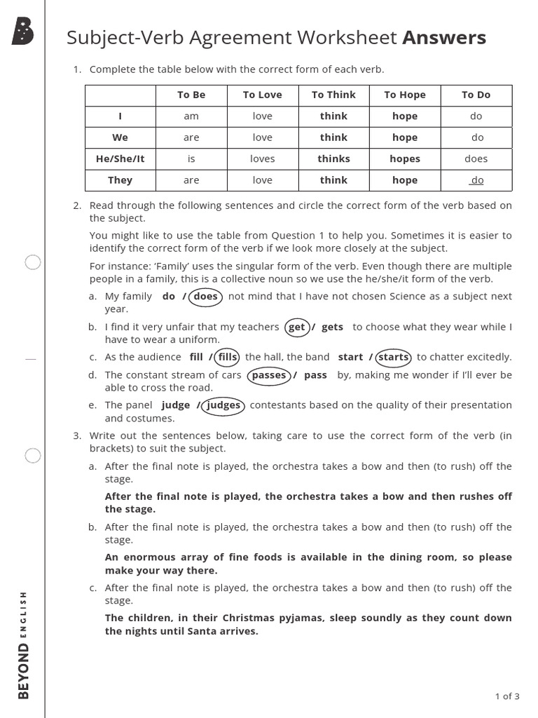 Subject-Verb Agreement Worksheet Answers | PDF | Verb | Subject (Grammar)