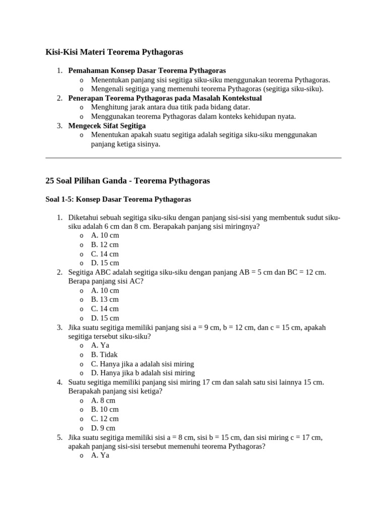 Soal Dan Kisi2 Teorema Pythagoras Kelas 8 | PDF