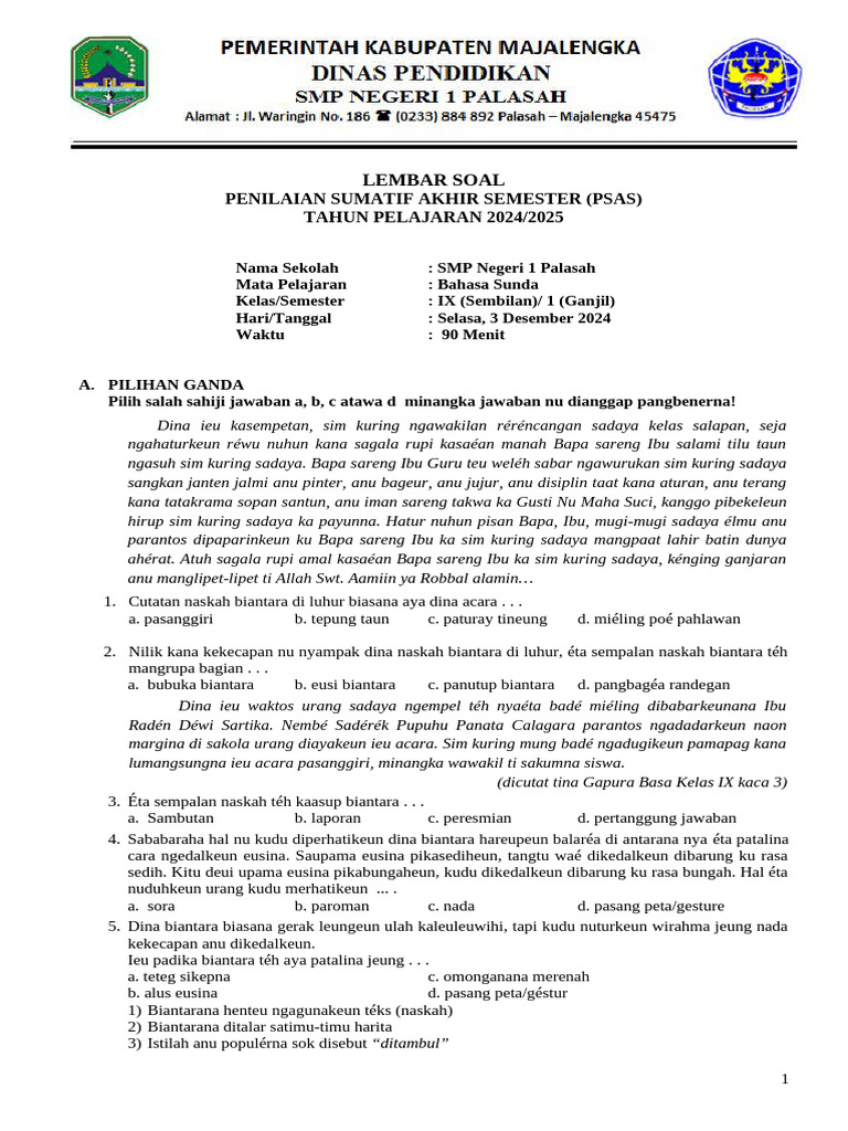 SOAL PSAS Bahasa Sunda Kelas 9 2024 | PDF
