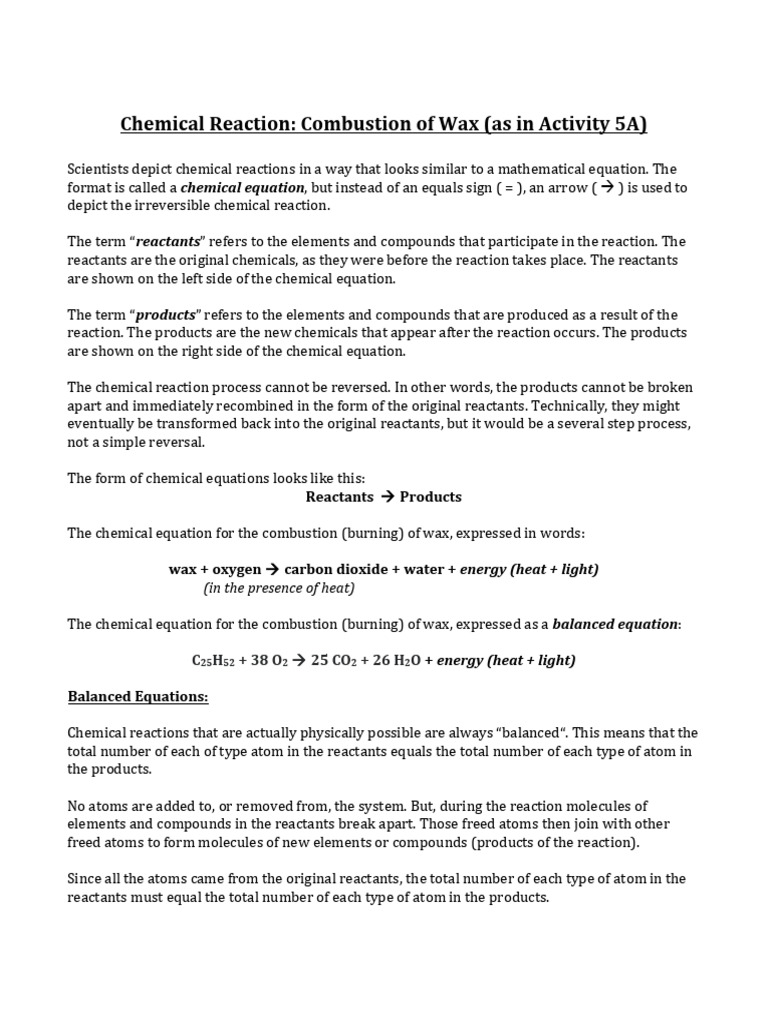 Combustion of Wax - Info For Activity 5a | PDF | Chemical Reactions | Combustion