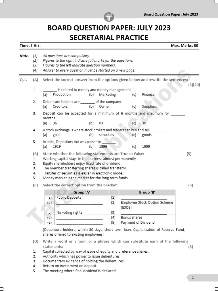 SP Board Question Paper July 2023 | PDF | Stocks | Dividend