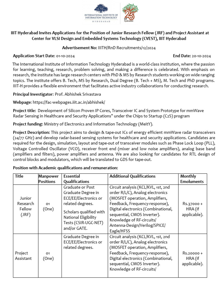 Junior Research Fellow - C2S Project - Updated | PDF | Electronics | Electronic Engineering