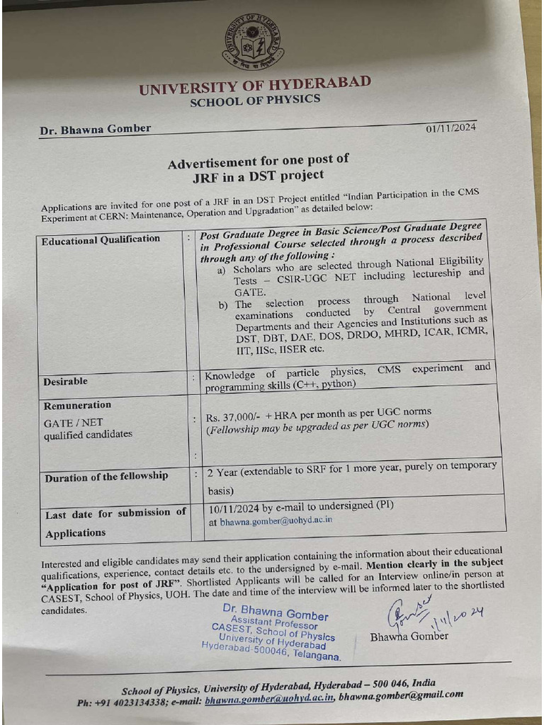 Advertisement JRF Physics Signed | PDF