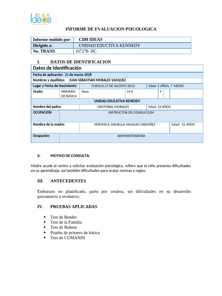 Informe de Evaluacion Psicologica Tdah | PDF | Atención | Sicología
