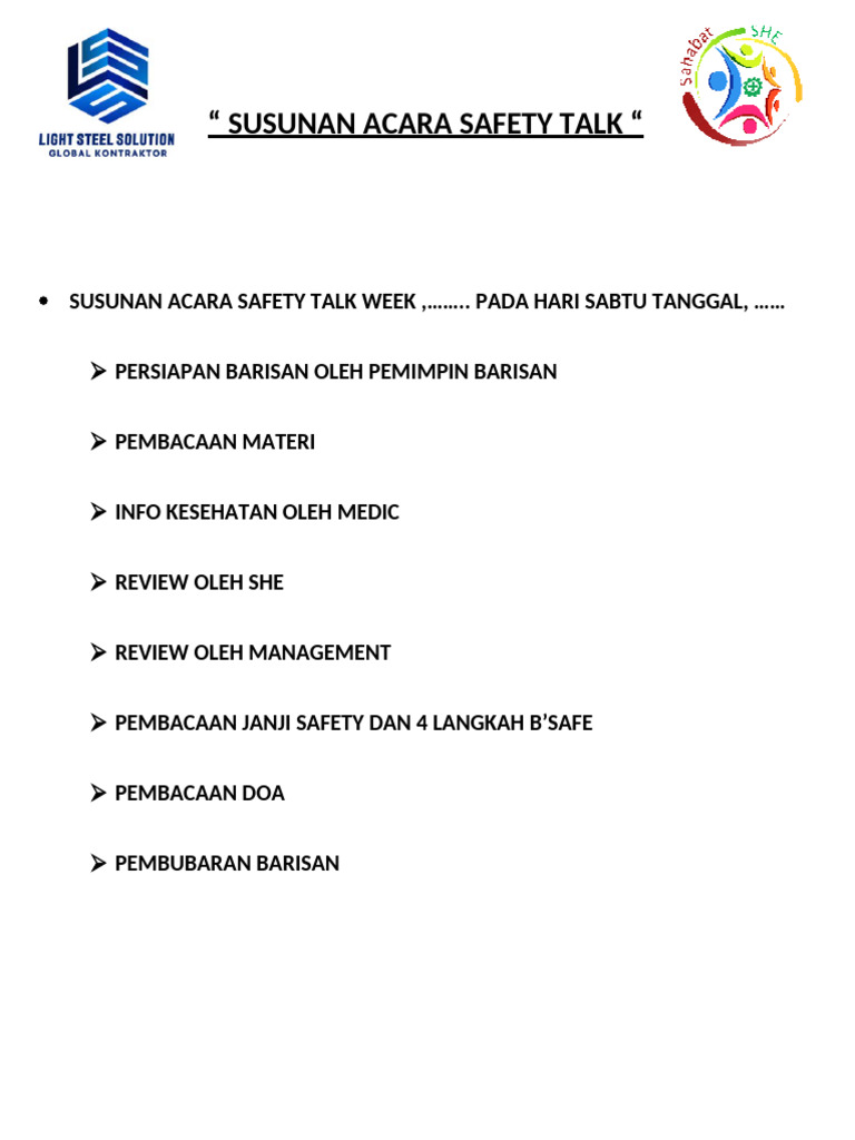 Susunan Acara Safety Talk Mingguan | PDF