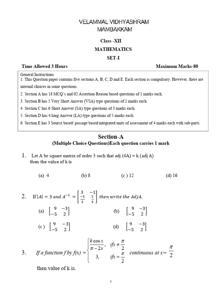 VVM-GR Xii Maths Model Paper 1 | PDF | Matrix (Mathematics) | Euclidean Vector