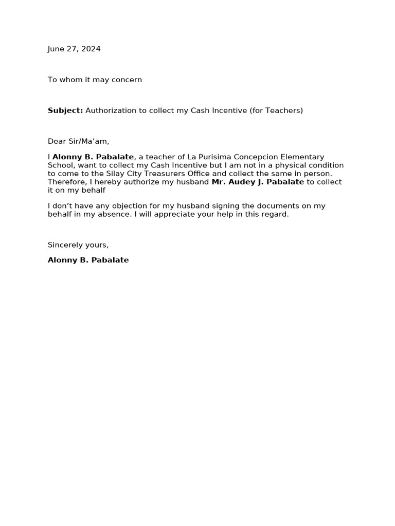 Authorization Letter Deped Incentive | PDF | Wellness