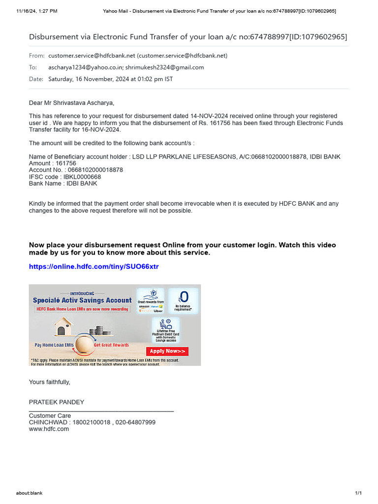 HDFC Bank Loan Disbursement Notification | PDF