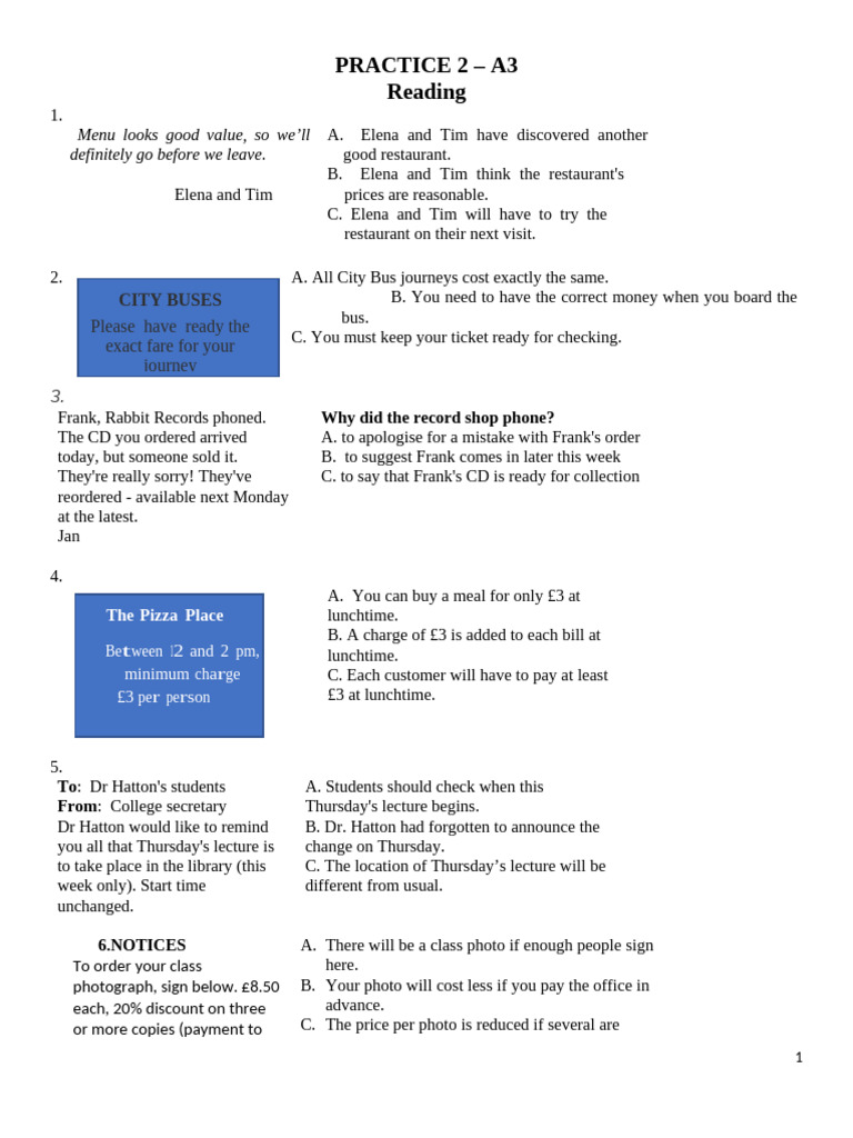 A3.Read + Lis Practice (P1R - P3L) | PDF