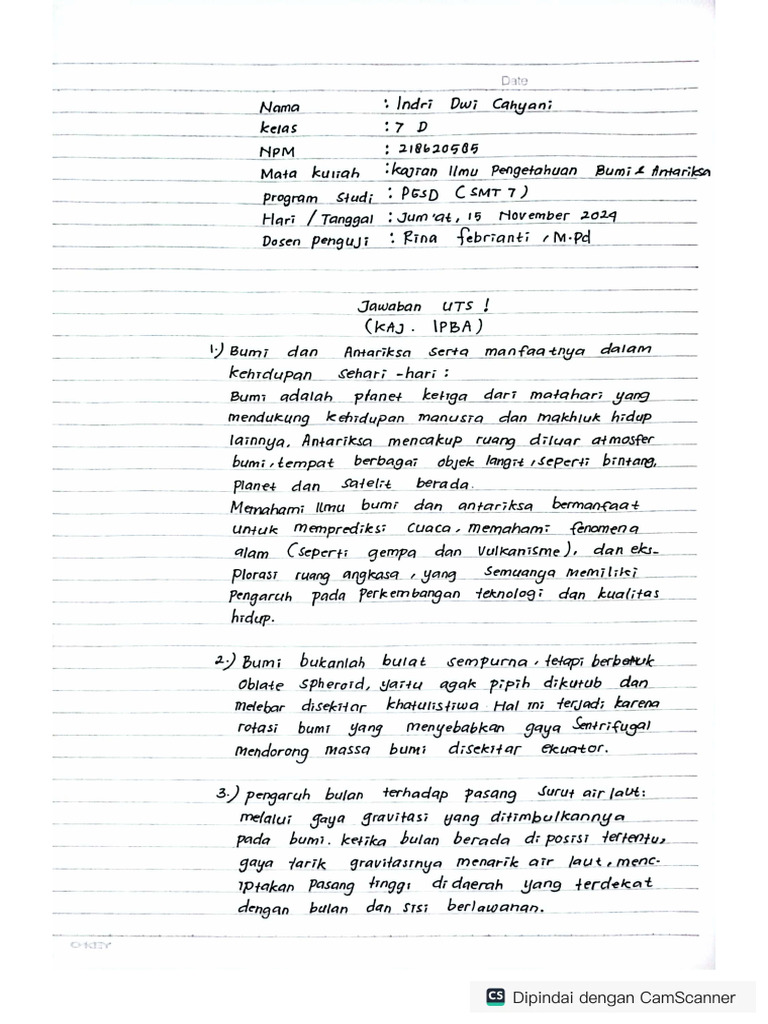 Jawaban Uts Kaj - Ilmu Pengetahuan Bumi Dan Antariksa Indri Dwi Cahyani 218620585 Kelas 7D | PDF